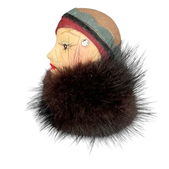 Jewelry | Vintage 2s Flapper Lady Hand Painted Porcelain Jeweled Mink ...